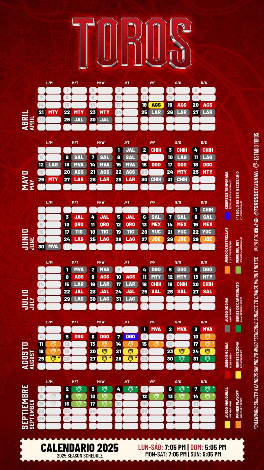 Calendario Oficial 2025 - Toros de Tijuana
